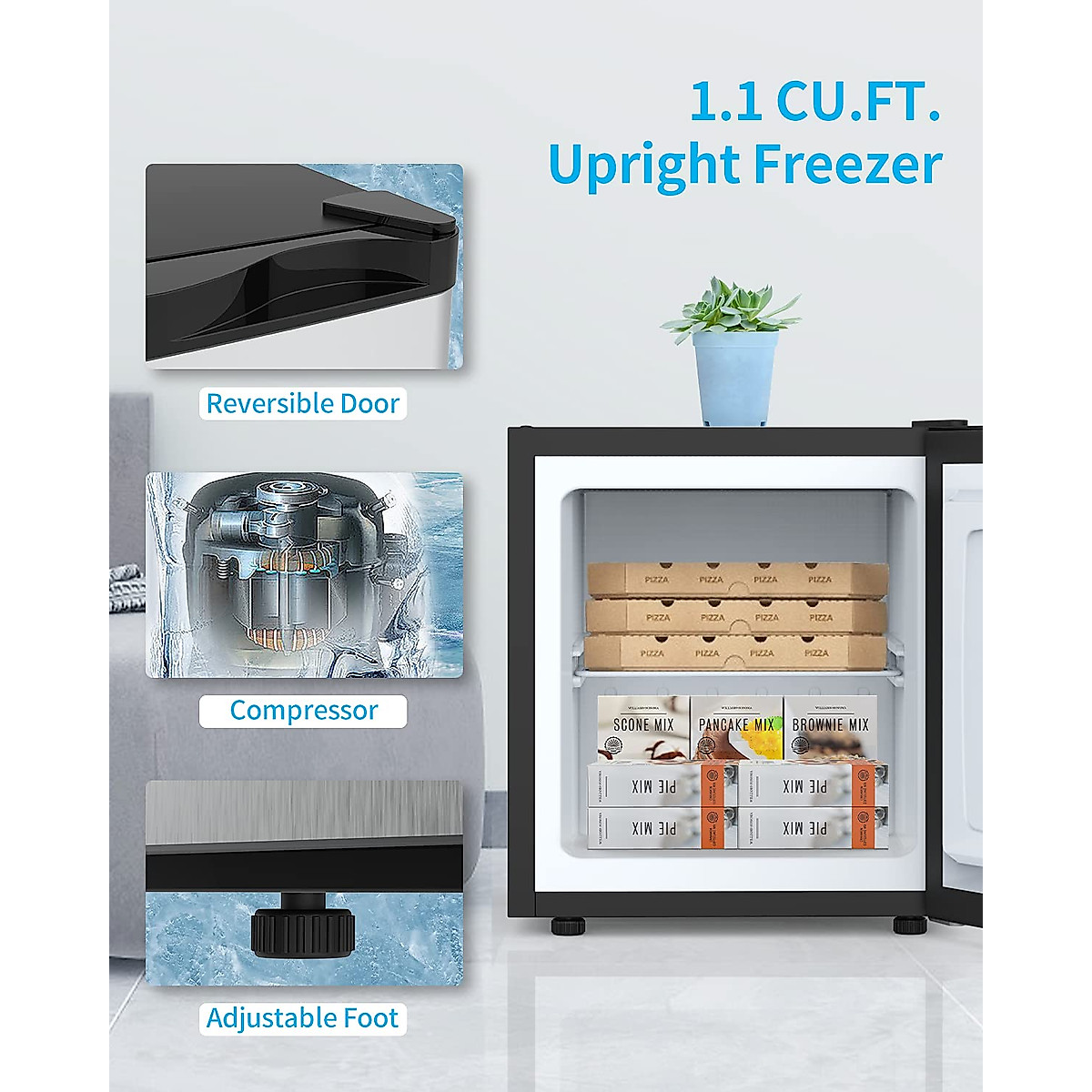 KUPPET Compact Upright Freezer, Single Door, Reversible Stainless Steel Door, Adjustable Removable (Silver, 1.1 Cu. Ft.)