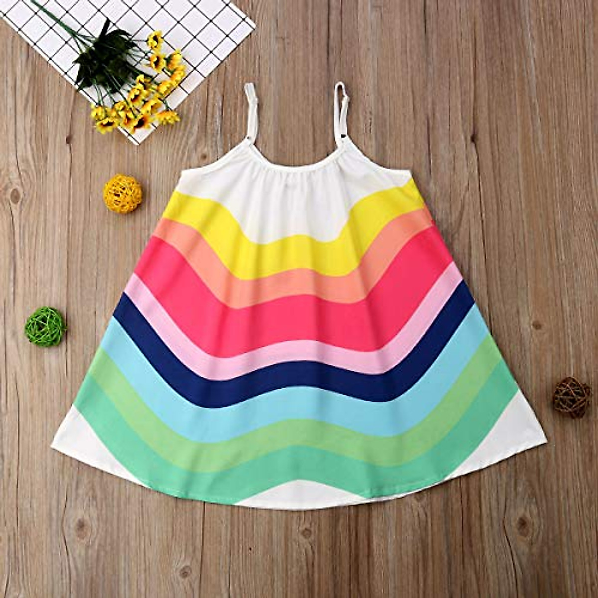 Toddler Baby Girl Summer Boho Rainbow Stripe Spaghetti Strap Beach Sun Dress (Rainbow, 5-6T)
