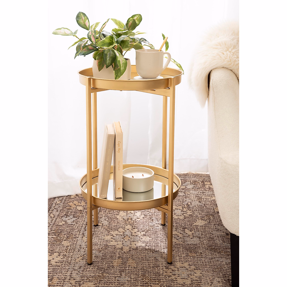 Kate and Laurel Celia Transitional Round Accent Tray Table with Magnetic Removable Tops and Foldable Base, 16x16x25, Gold