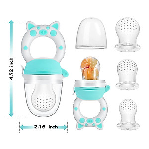 Baby Fruit Food Feeder Pacifier - Fresh Teething Pacifiers, Infant Fruit Teething Teether Toy for 3-24 Months, 6 Pcs Silicone Pouches for Toddlers & Kids & Babies, Piggy Handle 2-Pack (Blue)