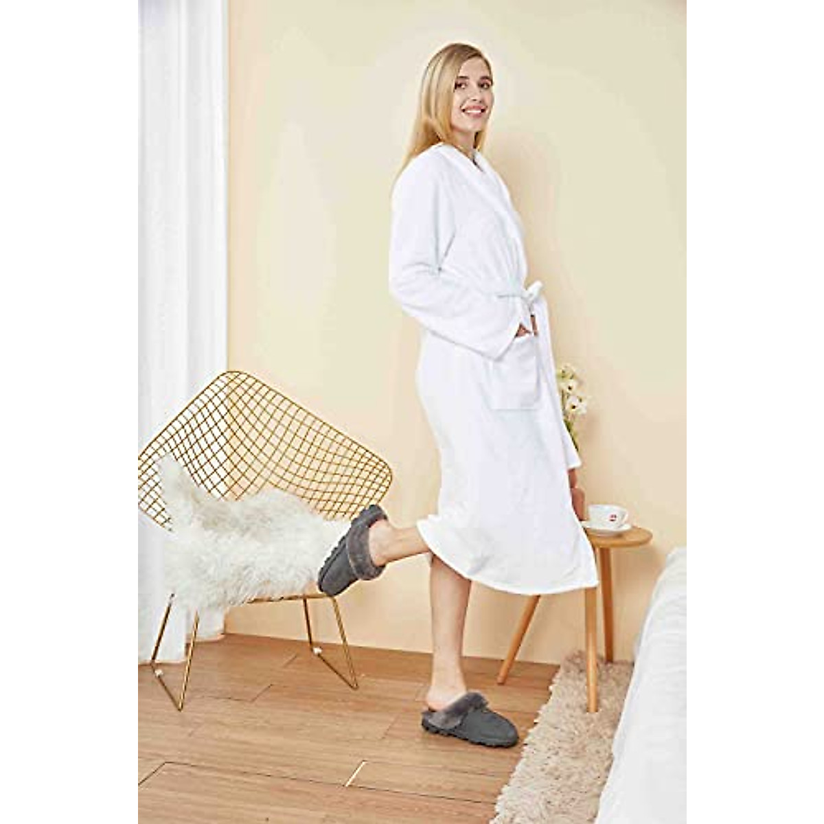 CLPP'LI Womens Slip on Faux Fur Warm Winter Mules Fluffy Suede Comfy Slippers-Grey-8