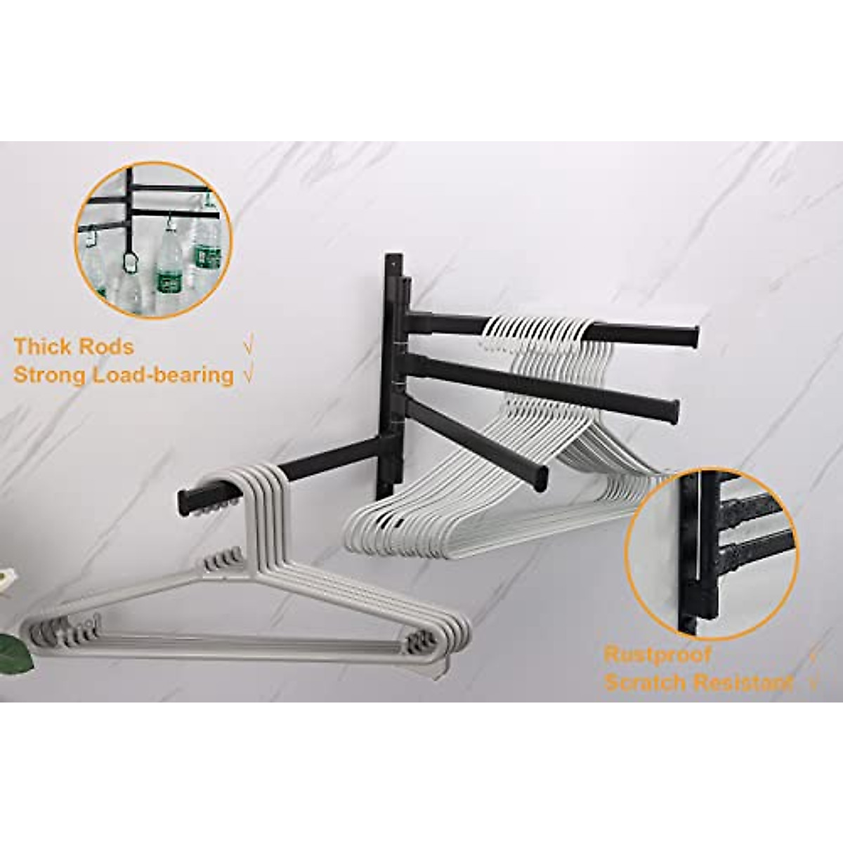 TocTen Swivel Towel Rack, Rustproof and Durable Space Saving Towel Hanger, Towel Bar Swing Out 180° Rotation, Wall Mounted/Glue Mounted Towel Rod with Hook for Bathroom, Kitchen (4-Arm, Black)