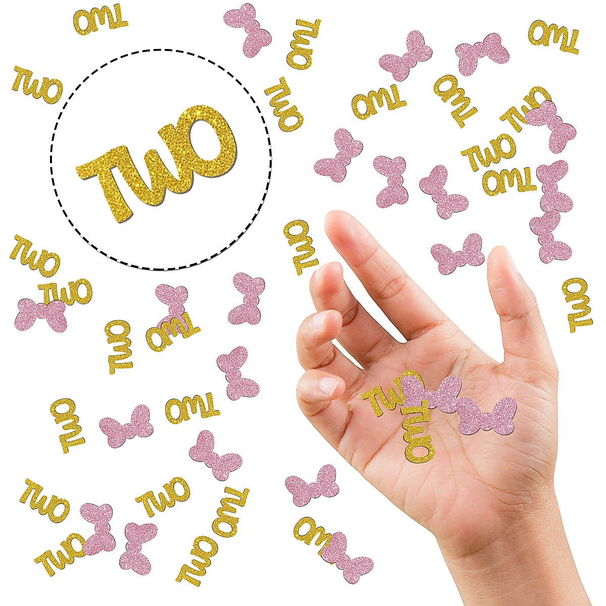 INNORU Bow Two Confetti Glitter, Baby Girl 2nd Birthday Paper Scatter, Kid 2nd Birthday Anniversary Party Table Decorations Confetti, 120pcs