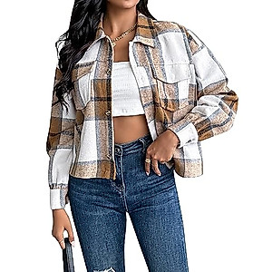 Blooming Jelly Womens Flannel Shirts Cropped Button Down Plaid Jackets Oversized Shackets Long Sleeve Tops(X-large,Khaki Plaid)