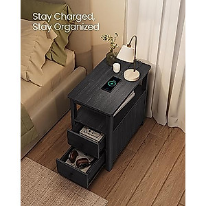 VASAGLE Side Table with Charging Station, Narrow Nightstand with 2 Drawers, Living Room End Table with Storage, for Small Spaces, Coastal Style, Charcoal Gray ULET322B22