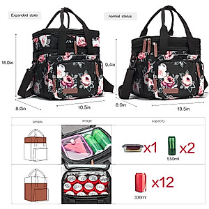 MOV COMPRA Lunch Bag Women Flower Insulated Lunch Box for Work, Expandable Large Lunch Bag, Leakproof Double Deck Lunch Box Cooler Bag with Removable Shoulder Strap（Flower）