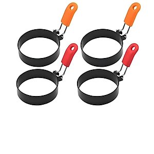 RJQIRP Upgrade Stainless Steel Egg Rings For Frying Silicone Handle Egg Rings, Egg Rings For Frying,3.5 Inch Round Egg Rings For Fried Egg Rings For Camping Breakfast Sandwiches (Orange, 4PCS)(2 Color