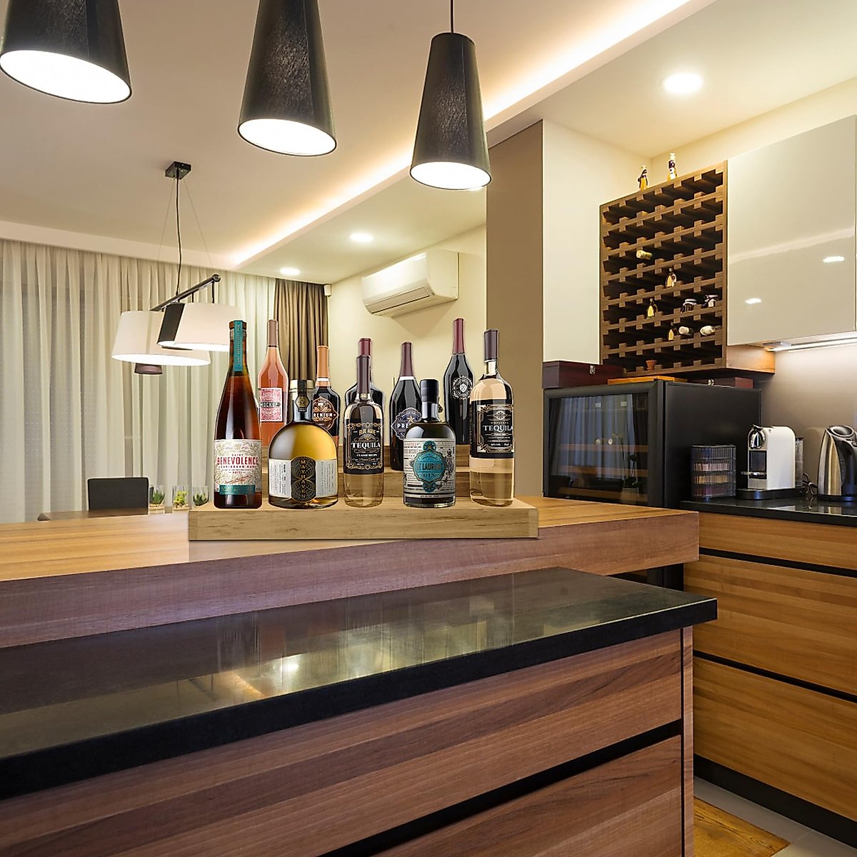 Liquor Bottle Stand - 3 Tier Liquor Bar Bottle Display Shelf, Holds 18 Bottles, Real Wood, Easy to Clean, No Installation Required - 24 Inch (Burnt Natural)