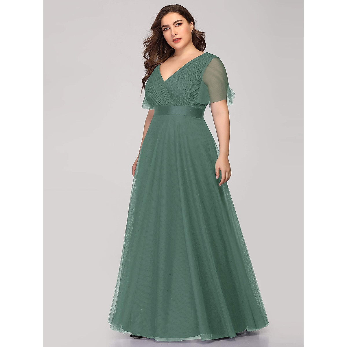 Ever-Pretty Women's Ruffle Sleeves Double V-Neck Tulle Wedding Party Dresses Plus Size Green US20