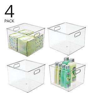 mDesign Plastic Modern Storage Organizer Bin Basket with Handles for Bathroom Organization - Shelf, Cubby, Cabinet, Vanity, and Closet Organizing Decor - Ligne Collection - 4 Pack - Clear