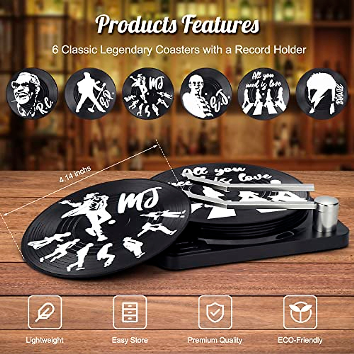 Valdivia Vinyl Record Coasters for Drinks with Record Player Holder, 6 Pcs Retro and Legendary Coasters Set, Funny Coasters for Housewarming Gifts, Music Lovers Gifts, Wedding Registry Gift Ideas