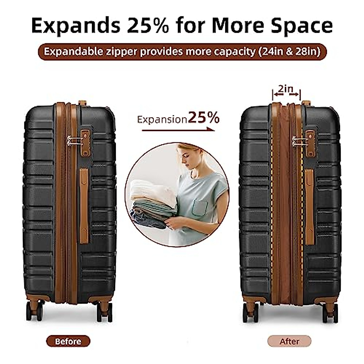 LARVENDER Luggage Sets 4 Piece, Expandable Hardside Suitcase Sets with Spinner Wheels TSA Locks, Lightweight Rolling luggage for Men and Women, Black