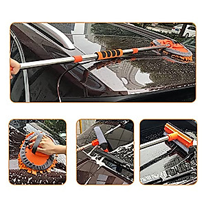 AgiiMan Car Wash Brush with Long Handle - 3 in 1 Car Cleaning Mop, Chenille Microfiber Mitt Set, Adjustable Length 24in-43in Glass Scrabber Vehicle Cleaner Kit, Orange