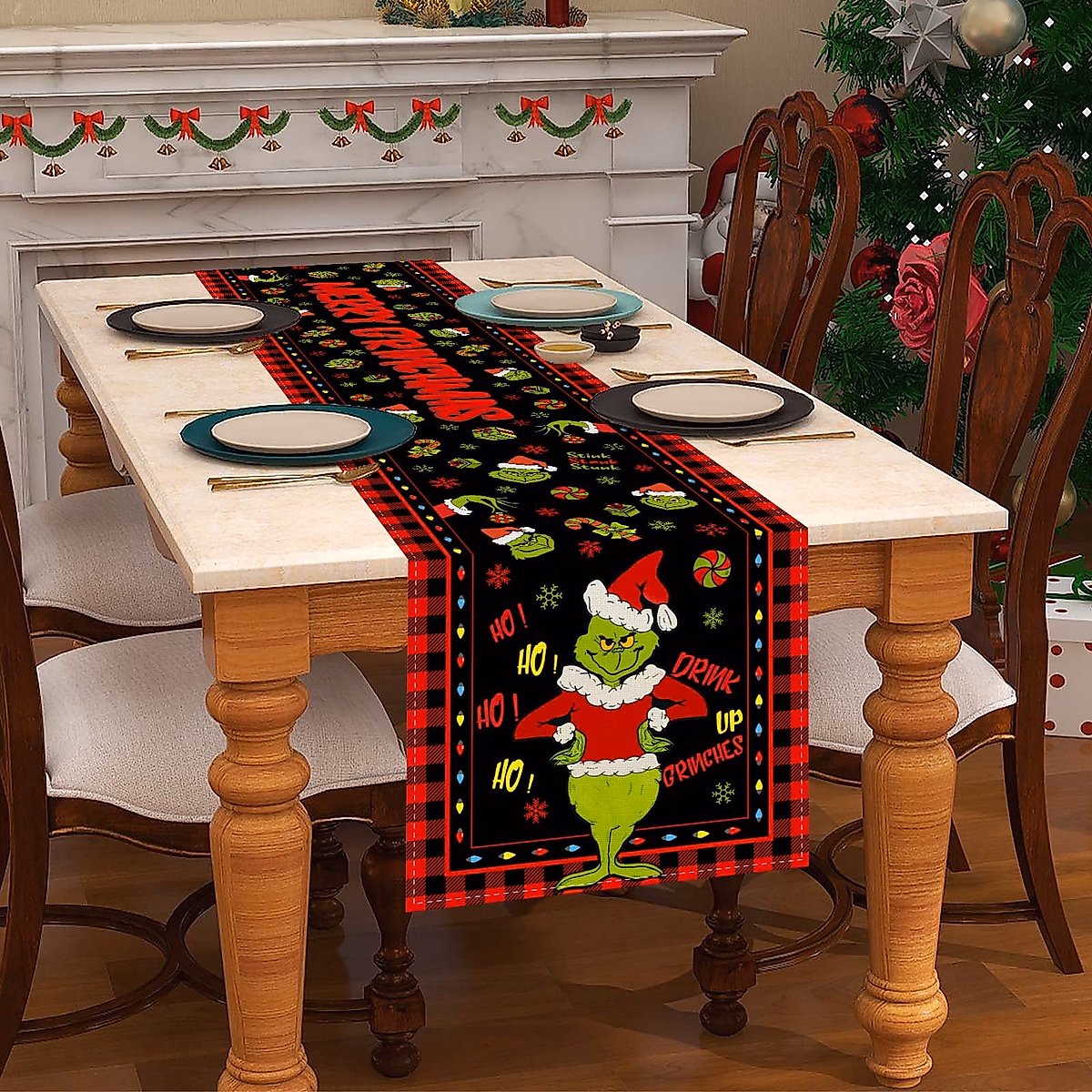 FARMNALL Linen Red Christmas Table Runner Merry Christmas Tablecloth Christmas Xmas Buffalo Plaid Check Winter Holiday Home Kitchen Dining Room 13x90 Inch