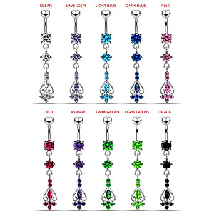 Red CZ Gemstone 2 Round with Filigree Flower Dangling 925 Sterling Silver Belly Ring Body Jewelry