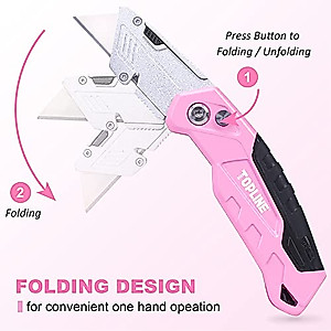TOPLINE 2-Pack Pink Utility Knife Set, Retractable Pink Box Cutter and Pocket Folding Utility Knife, Blade Storage Design, 18-Piece SK5 Blades and a Dispenser Included