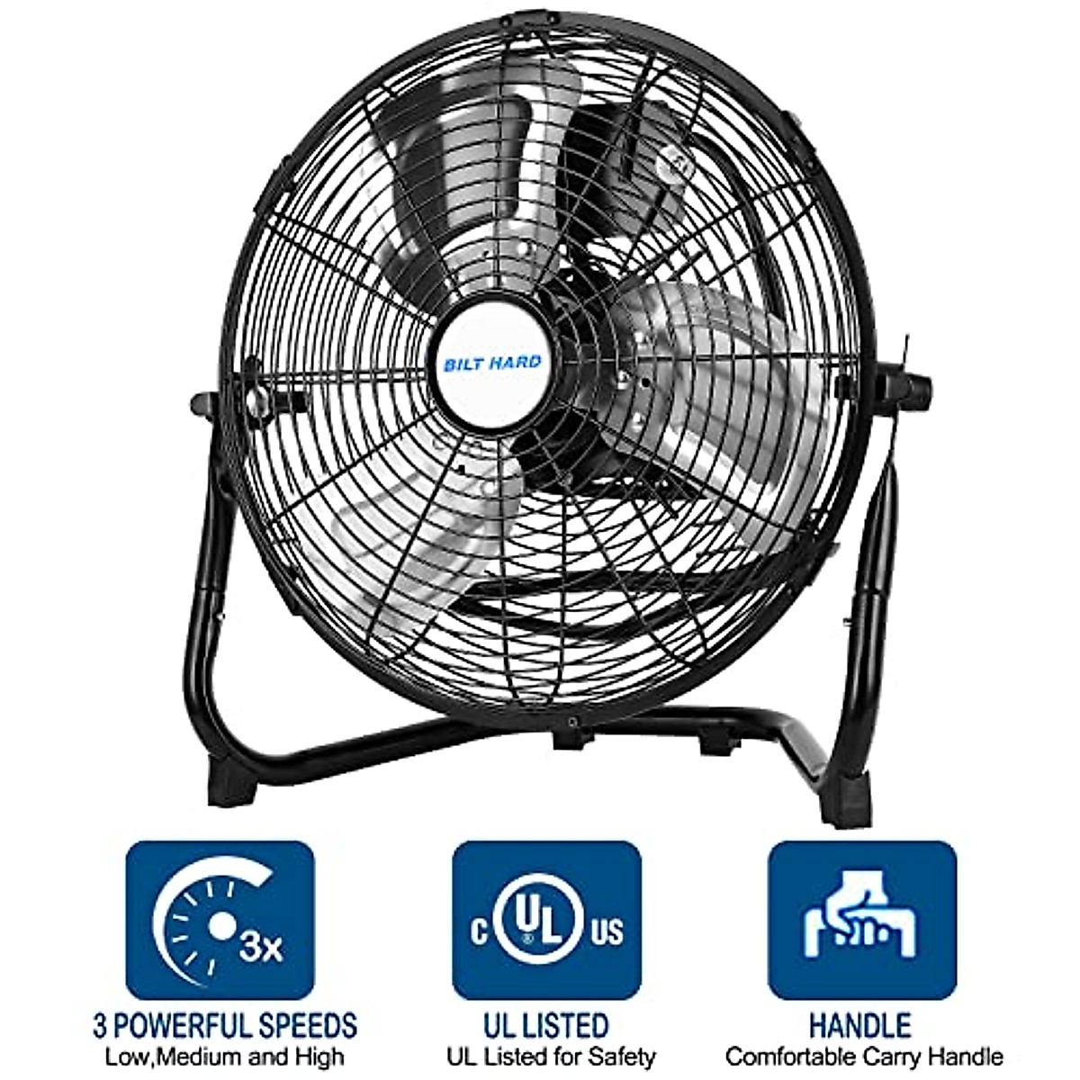 BILT HARD 12" 3-Speed High Velocity Heavy Duty Metal Floor Fan, 1650 CFM, 180-Degree Tilt, Powerful Airflow Fan for Home, Bedroom, Residential Use
