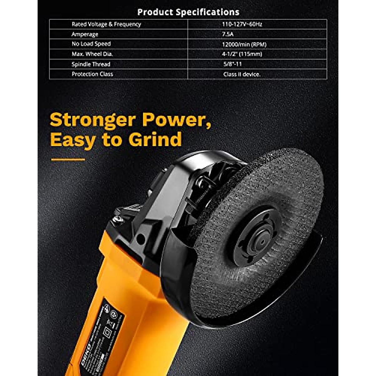 DEKOPRO 110V Angle Grinder, 4-1/2" Max. Wheel Dia., 7.5A Grinders Power Tools, 12000RPM No Load Speed, 1 Grinding Wheel, Grinder Tool for Grinding, Sanding, Wire Brushing or Abrasive Cutting-Off