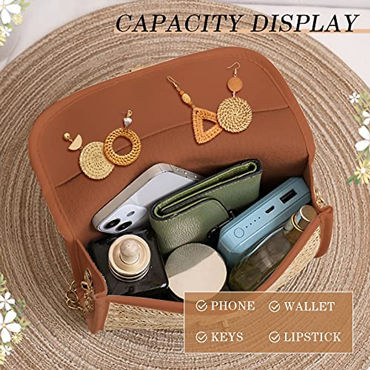 Straw Bag for Women Beach Purse Shoulder Bag Hand Woven Straw Clutch Summer Crossbody Bag with 4 Pairs Rattan Earrings Lightweight Statement Straw Earrings