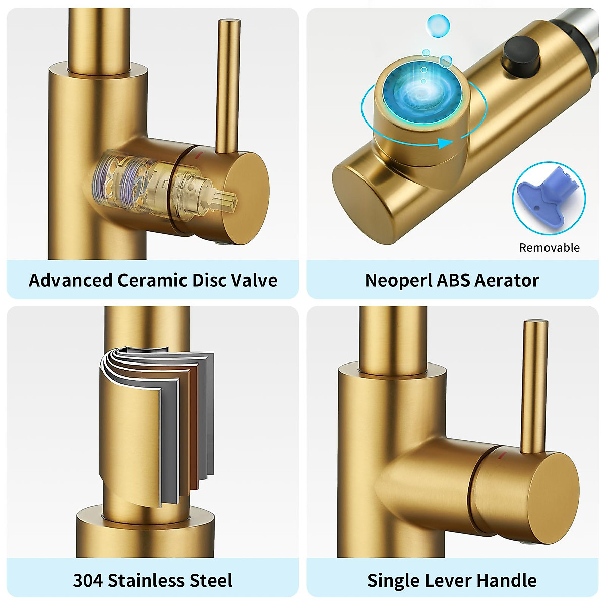 CREA Sink Faucet, Gold Kitchen Faucets with Pull Down Sprayer, Bathroom Sink Faucets Mini Bar Prep Faucet Single Handle 3 or 1 Hole Utility Faucet Laundry Outdoor Tap