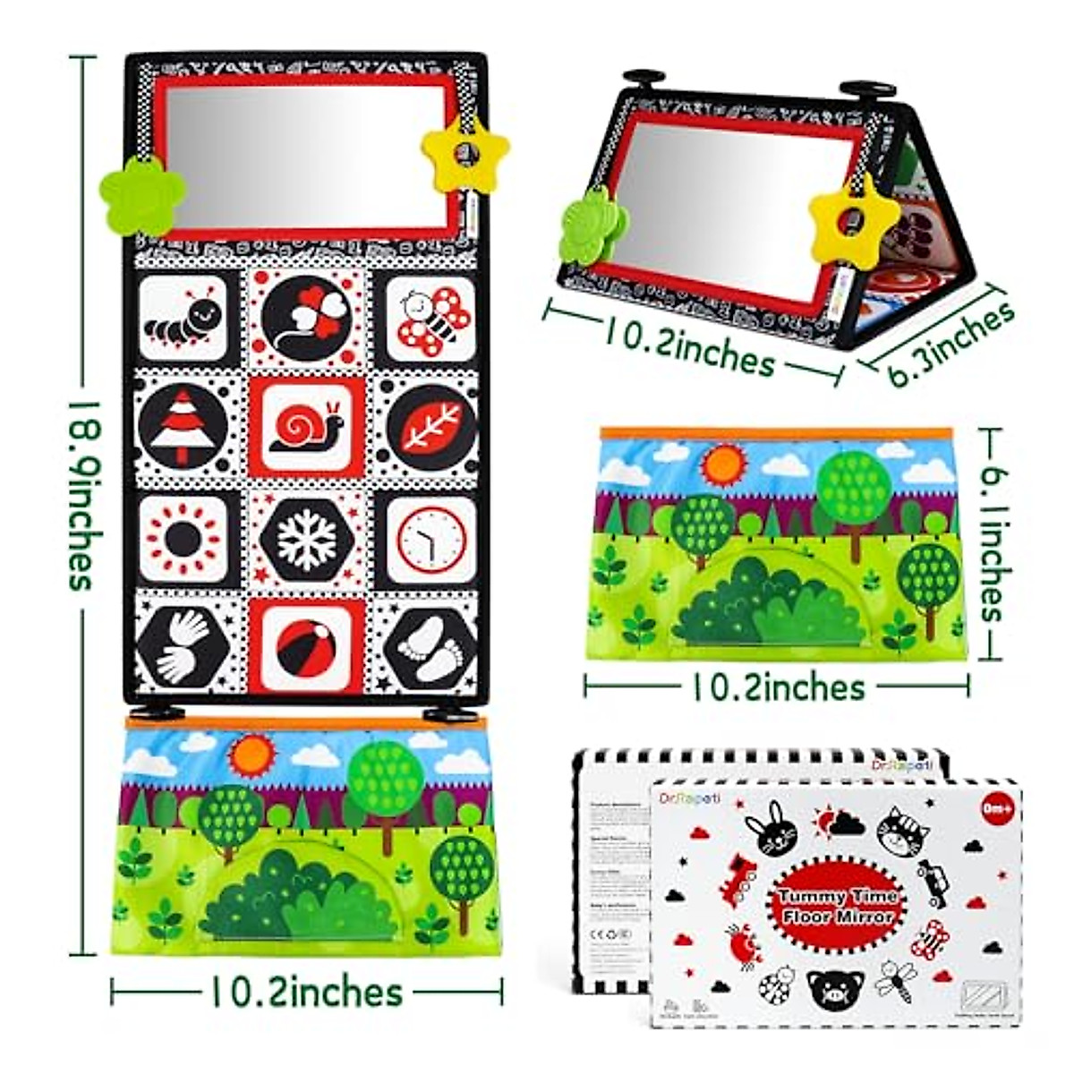 Dr.Rapeti Tummy Time Floor Mirror for Baby Infant Toddler Kids Black and White High Contrast Baby Toy with Crinkle Cloth Book Teethers Floor Activity Toy Washable Non-Toxic