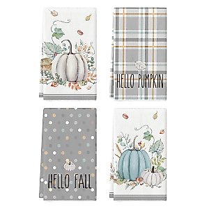 Artoid Mode Blue Watercolor Stripes Hello Pumpkin Fall Kitchen Towels Dish Towels, 18x26 Inch Seasonal Leaves Decoration Hand Towels Set of 4