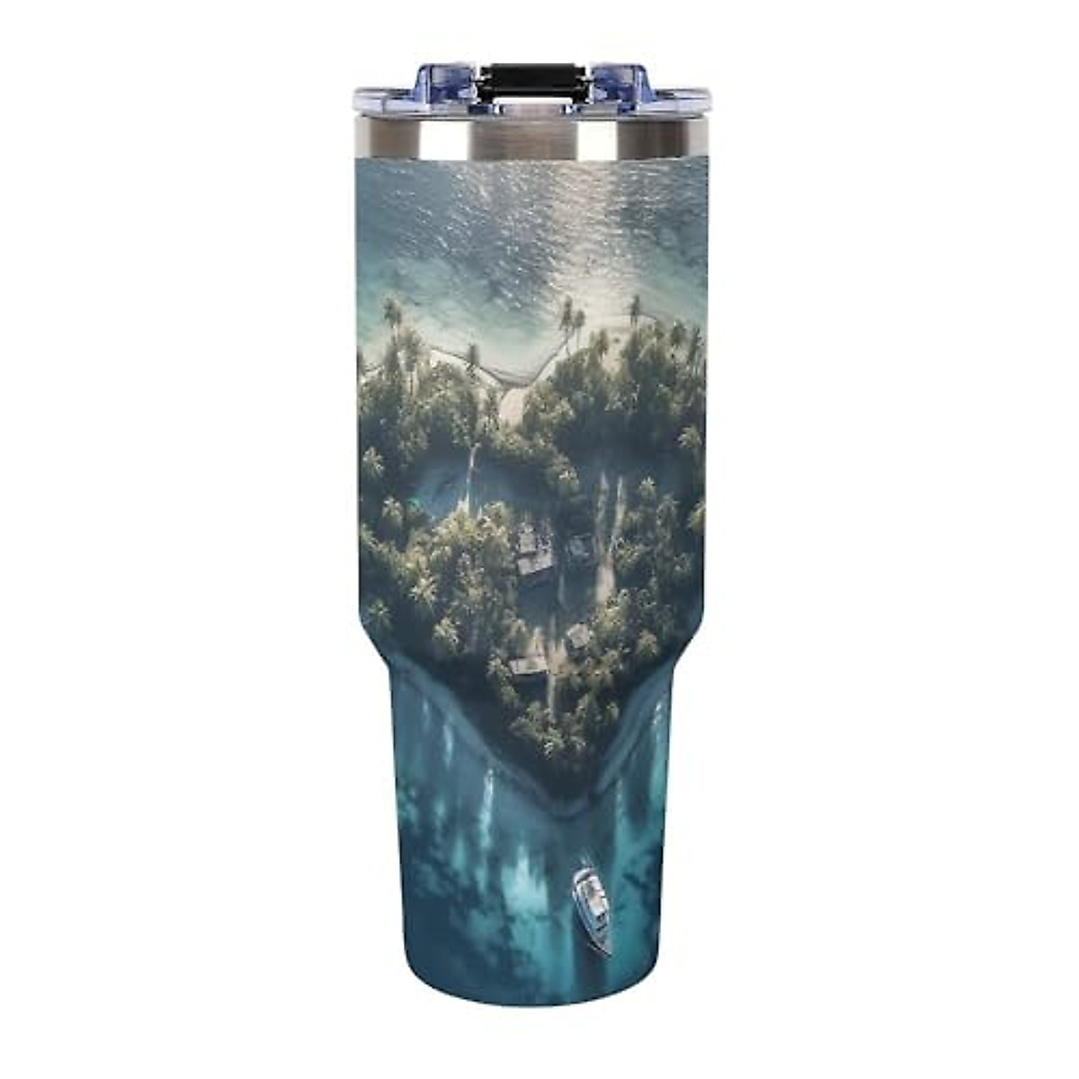 Heart Shaped Island 40 Oz Water Bottle, Stainless Steel Tumbler with Handle And Straw, Extra Large Insulated Tumbler, Flip Straw Tumblers for Sports, Work, Car, Travel And Weekends