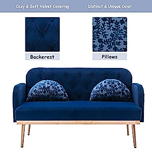 Yoglad Velvet Small Sofa, Upholstered Loveseat with Golden Metal Legs, Accent Couch with Cute Pillows, Small Couch with Solid Wood Frame, for Living Room, Bed Room, Dorm, 55" Inch (Navy)