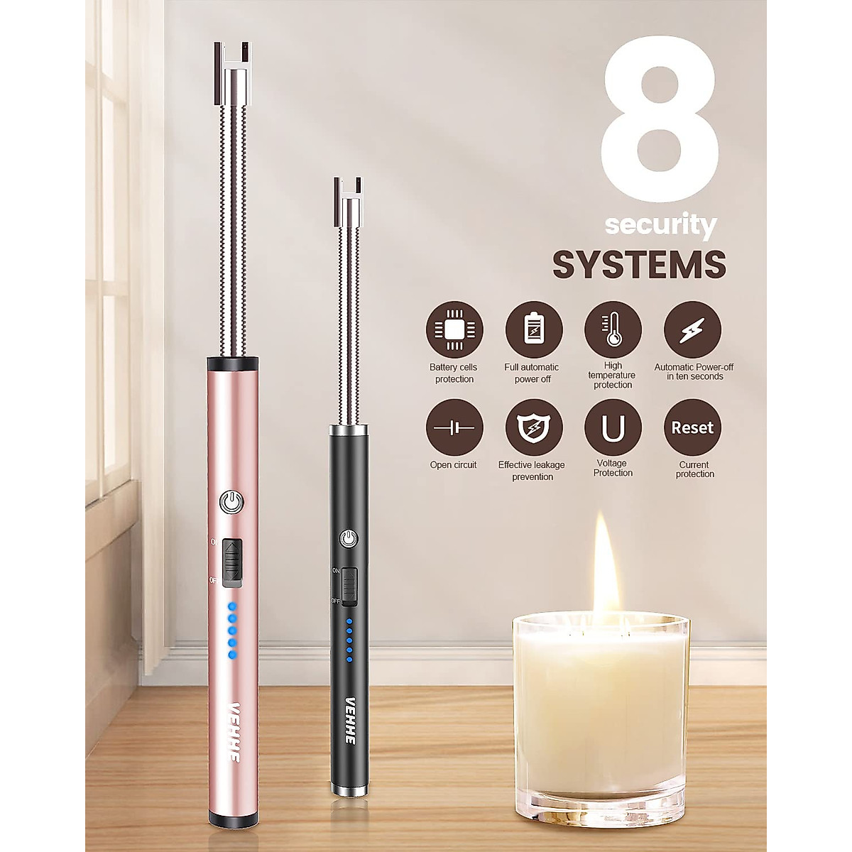 VEHHE Candle Lighter, 2 Pack Rechargeable Electric Lighter with LED Battery Display Safety Switch, Flexible Neck USB Lighter for Candles Camping Grill Gas Stoves Cooking (Black & Pink)