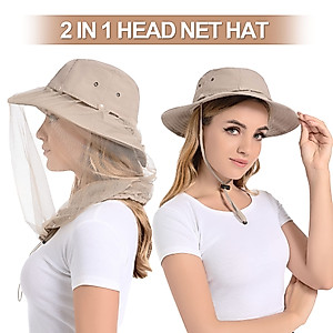 Mosquito Head Net Hat - Bug Cap UPF 50+ Sun Protection with Hidden Netting for Beekeeping Hiking Men & Women Khaki