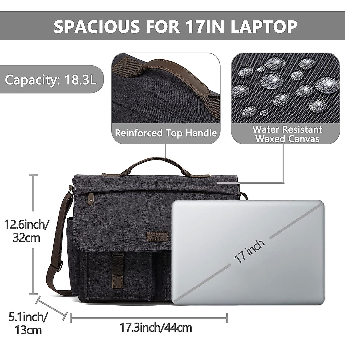 VASCHY 17inch Laptop Messenger Bag, Men's Vintage Water Resistant Canvas Satchel Briefcase Shoulder Bag for Work with Padded Shoulder Strap Gray
