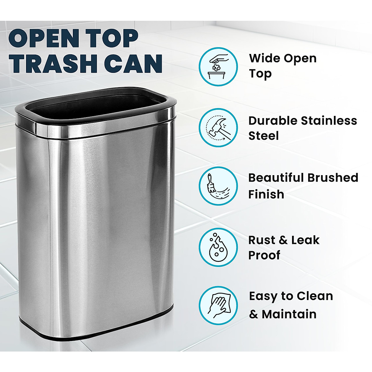 Alpine Industries 40 L / 10.5 Gal Stainless Steel Slim Open Trash Can - Compact Garbage Bin - Wide Access Top Slender Durable Receptacle with Sturdy Plastic Liner