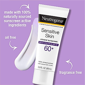 Neutrogena Sensitive Skin Mineral Sunscreen Lotion with Broad Spectrum SPF 60+ & Zinc Oxide, Water-Resistant, Hypoallergenic, Fragrance- & Oil-Free Gentle Sunscreen Formula, 3 fl. oz