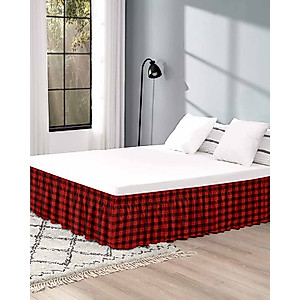 Red Black Plaid Bed Skirt Queen Size 16 Inch Drop, Adjustable & Elastic Wrap Around Bed Skirts Pleated Luxury Dust Ruffles for Twin Full Queen Cal King Base Bed, Christmas Farmhouse Rustic Checkered