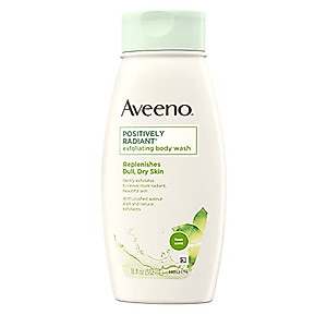 Aveeno Positively Radiant Exfoliating Body Wash with MoistureRich Soy Complex Crushed Walnut Shell for Dry, Dull Skin, SoapFree, DyeFree Hypoallergenic Formula 18 fl, 54 Fl Oz, (Pack of 3)