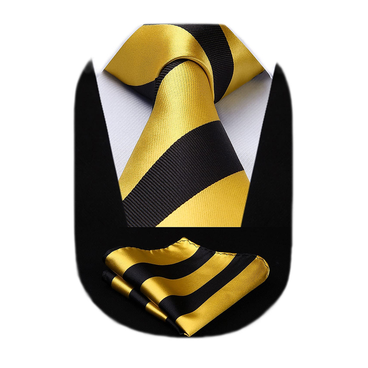HISDERN Plaid Tie Handkerchief Woven Classic Stripe Men's Necktie & Pocket Square Set ,Yellow & Black,One Size