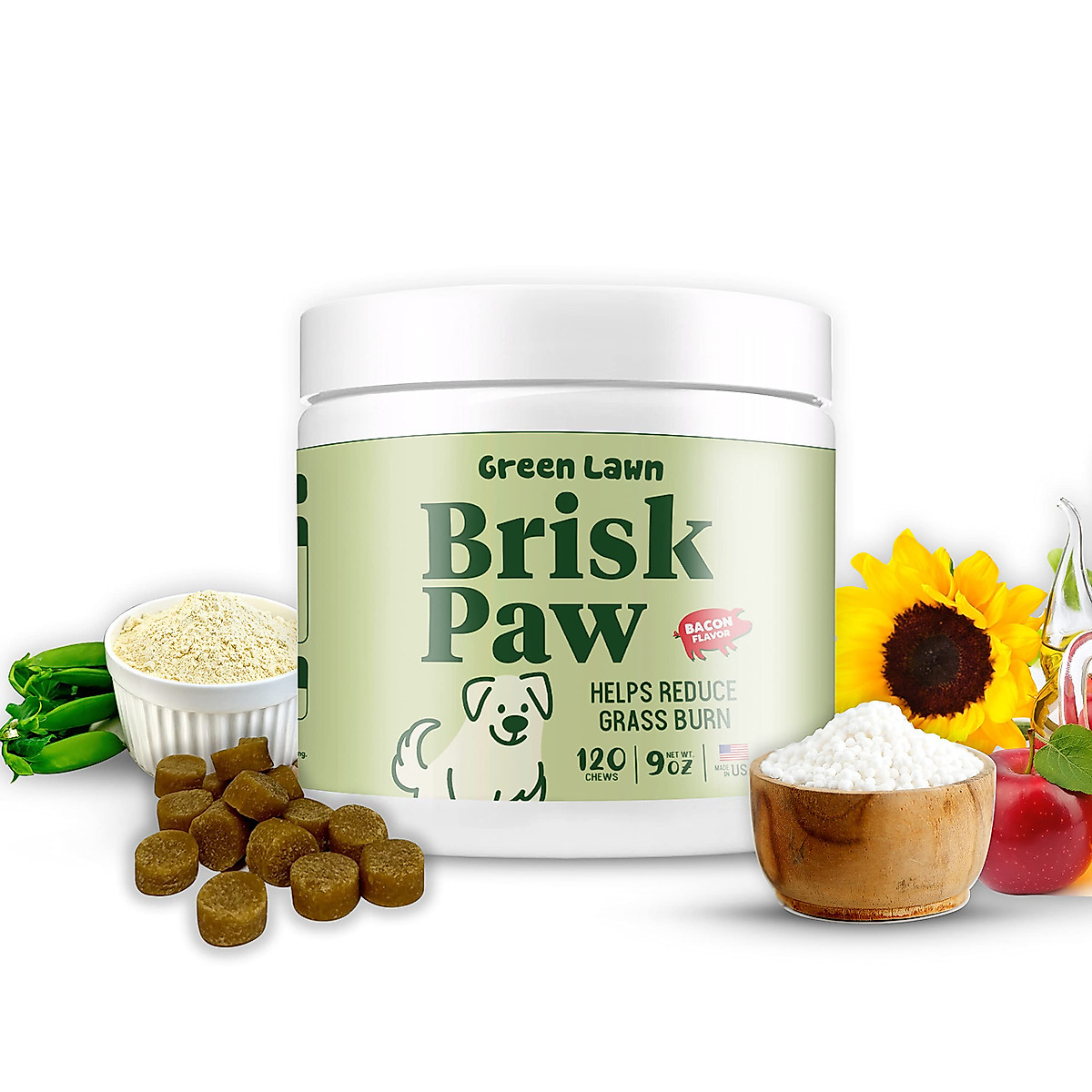 Brisk Paw Green Lawn Dog Vitamins and Supplements | Enriched with Dog Probiotic, Cranberry, and Spirulina | Dog Urine Neutralizer for Grass and Help Yellow Burn Spots | 120 Dog Chews