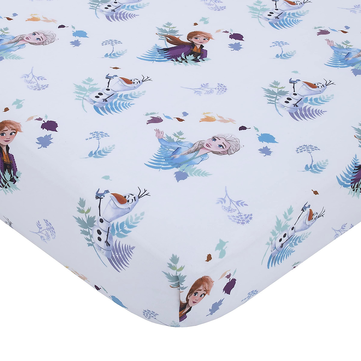 Disney Frozen 2 Nature is Magical Purple, Blue and White 4 Piece Toddler Bed Set - Comforter, Fitted Bottom Sheet, Flat Top Sheet, Reversible Pillowcase