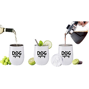 Fancyfams - Dog Mom - 12 oz Stainless Steel Stemless Wine Tumbler with Lid and Straw (Dog Mom - White)