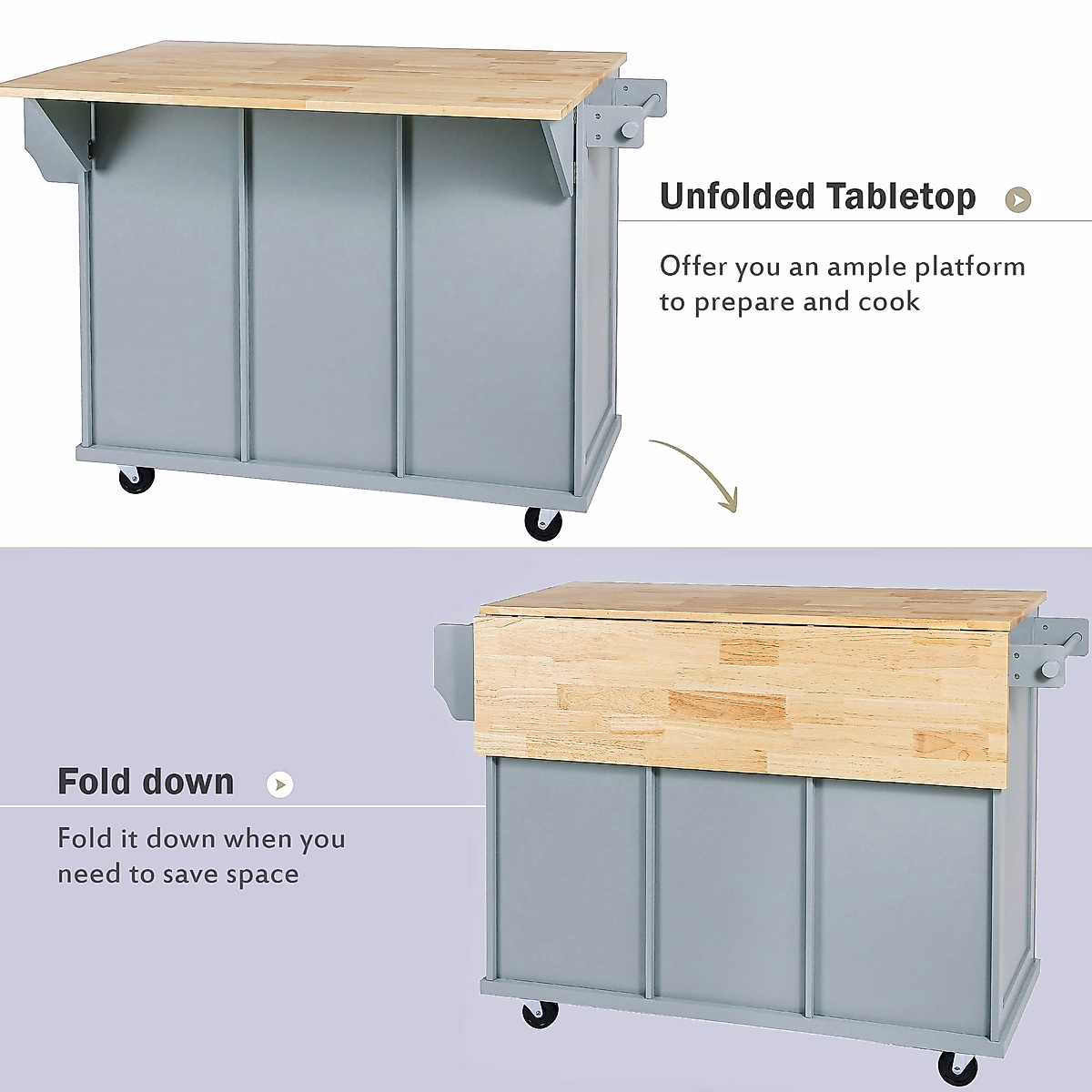MACHOME 53.10" Kitchen Cart on 5 Wheels with Storage Cabinet, Mobile Kitchen Island with Rubberwood Drop-Leaf Countertop, Cabinet Door Internal Storage Racks with 3 Drawers for Dinning Room,Grey Blue