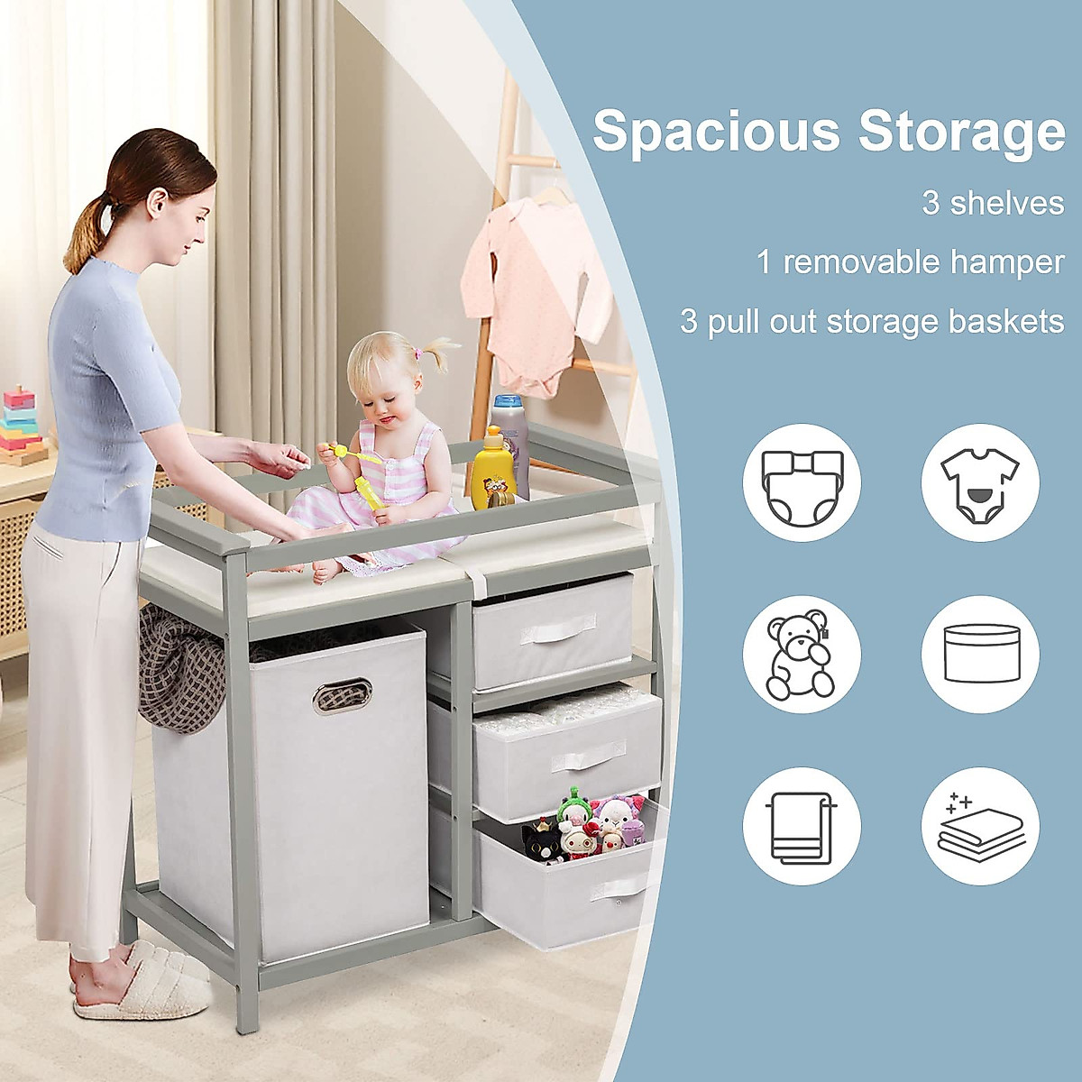 Baby Changing Table - Changing Station with Laundry Hamper, 3 Storage Baskets, and Pad, Multi Storage Nursery Changing Table for Infants or Babies (Light Grey)
