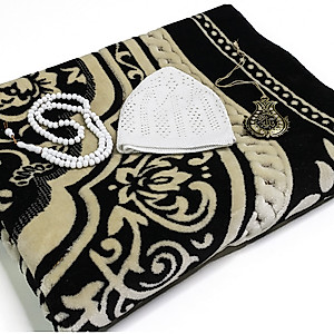 Modefa Turkish Islamic Velvet Prayer Rug - Thick Wide Soft Prayer Carpet - Men & Women - Large Prayer Mat - Eid & Ramadan Gift - with Kufi Cap Beads & Car Hanger - Double Plush Floral Black