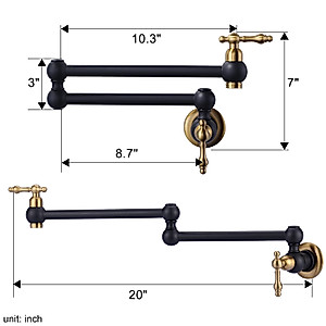 WOWOW Pot Filler Faucet Over Stove, Solid Brass Pot Filler Wall Mount Commercial Kitchen Sink Pot Filler Copper Folding Faucet, with Stretchable Double Joint Swing Arm, Black and Gold