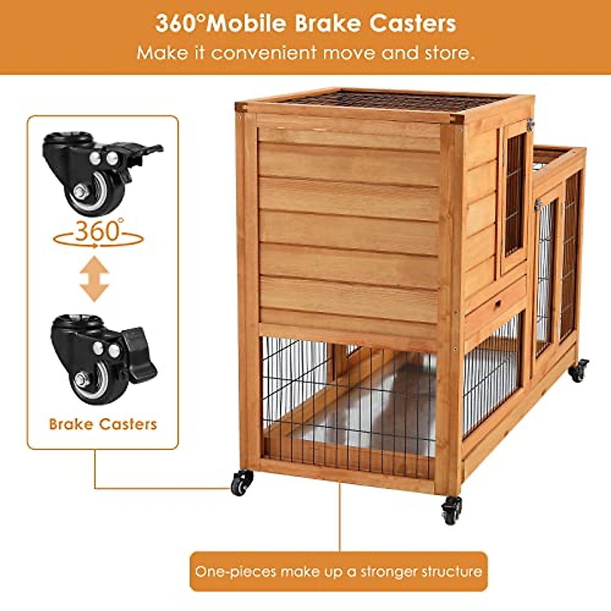 Arlopu Rabbit Hutch on Wheels Rabbit Cage Indoor Bunny Hutch with Run, Wooden Rabbit House with 2 No Leak Trays, 4 Casters, No-Slip Ramp, 2 Lockable Door (Golden red)