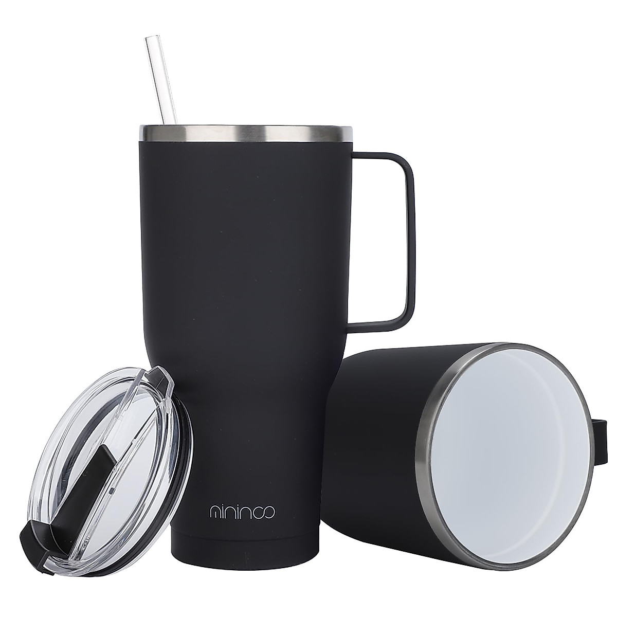 mininoo 40 oz Ceramic Lined Tumbler with Handle and Straw Lid, Stainless Steel Ceramic Travel Coffee Mug Newly Upgraded Latex Outer Layer