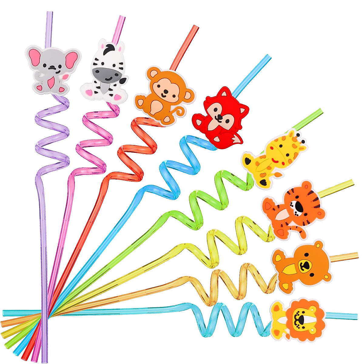 24 Pieces Jungle Animal Plastic Straws Reusable Drinking Straws Jungle Safari Straws Woodland Party Favor Kids Cute Straws with 2 Cleaning Brushes for Baby Shower Birthday Party Supplies, 8 Styles