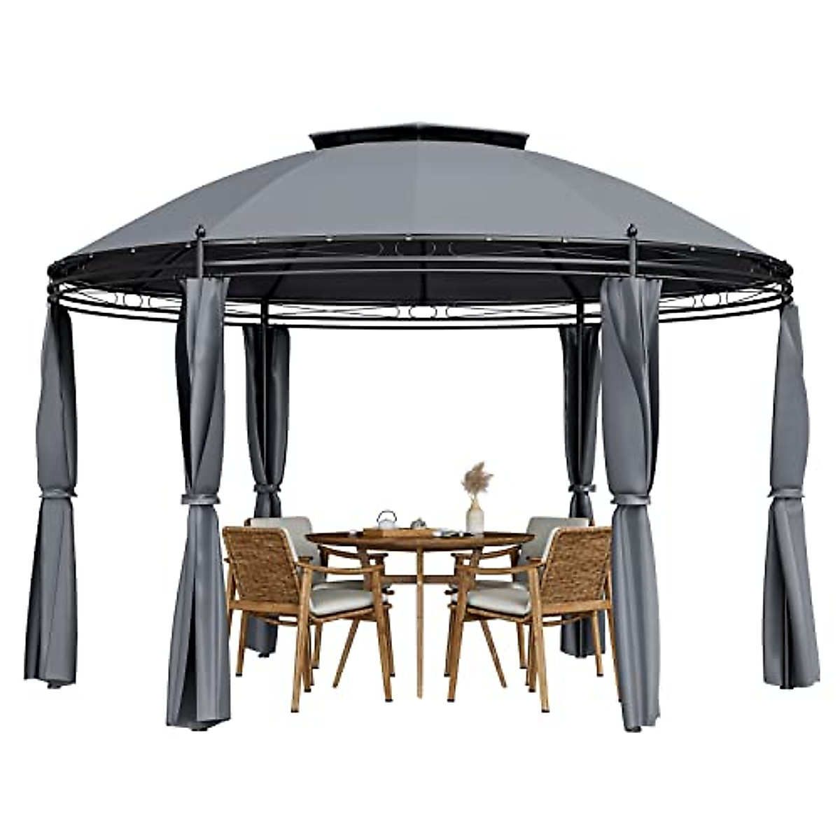 Tangkula 11.5x11.5 ft Round Patio Gazebo, 2-Tier Dome Gazebo with Removable Side Curtains, Heavy Duty Steel Frame, Outdoor Gazebo Pavilion for Backyard, Deck, Poolside, Garden (Grey)