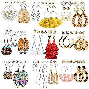 47 Pairs Fashion Earrings for Women Girls, Boho Statement Tassel Rattan Leather Earrings Butterfly Acrylic Hoop Stud Drop Dangle Earrings Set, Hypoallergenic for Sensitive Ears