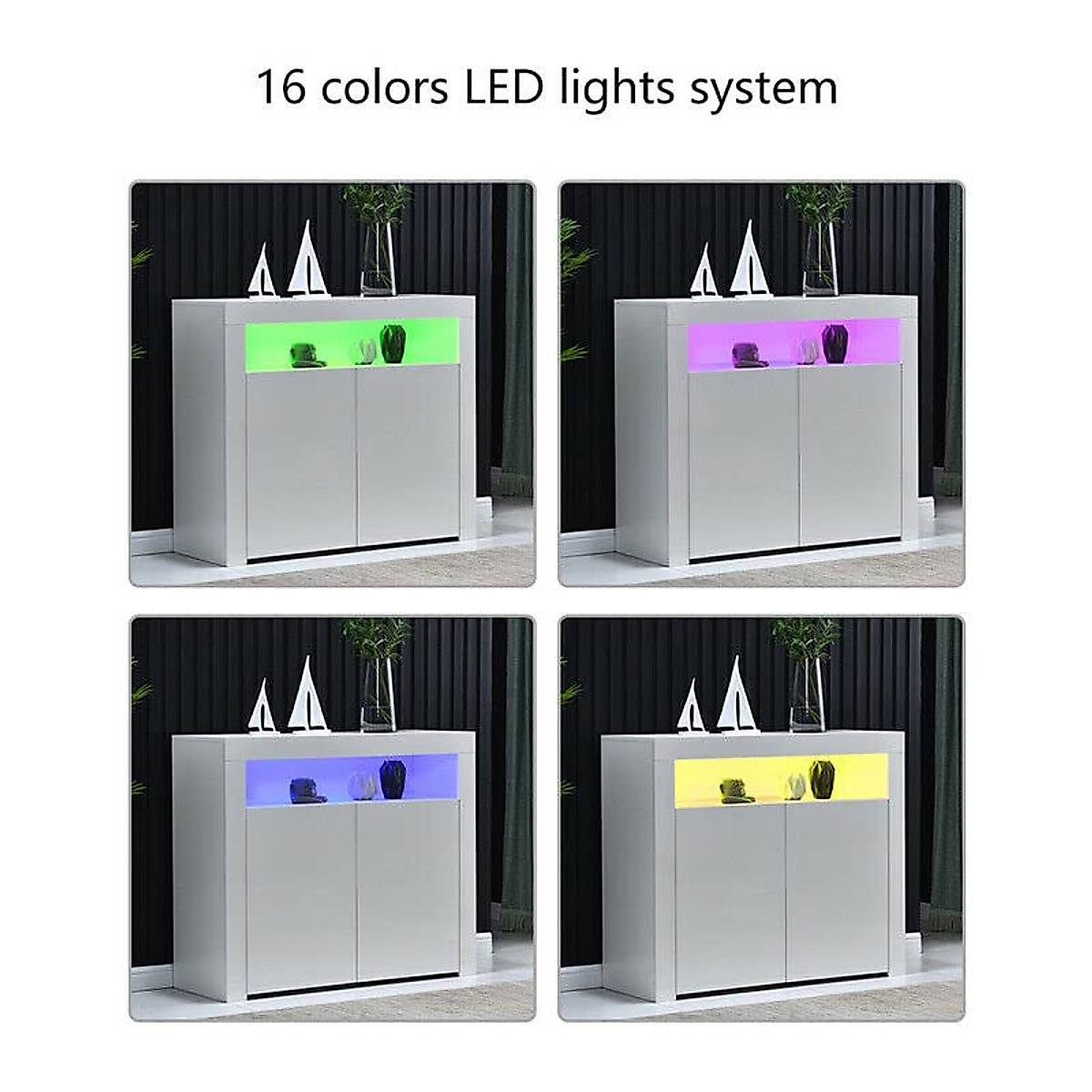 Modern High Gloss Sideboard 2 Door Storage Cabinet Open Cupboard Sleek Farmhouse Accent Side Cabinet Kitchen Buffet Cabinet with Multi-Color LED Lights and Interior Shelves Fashion Home Furniture