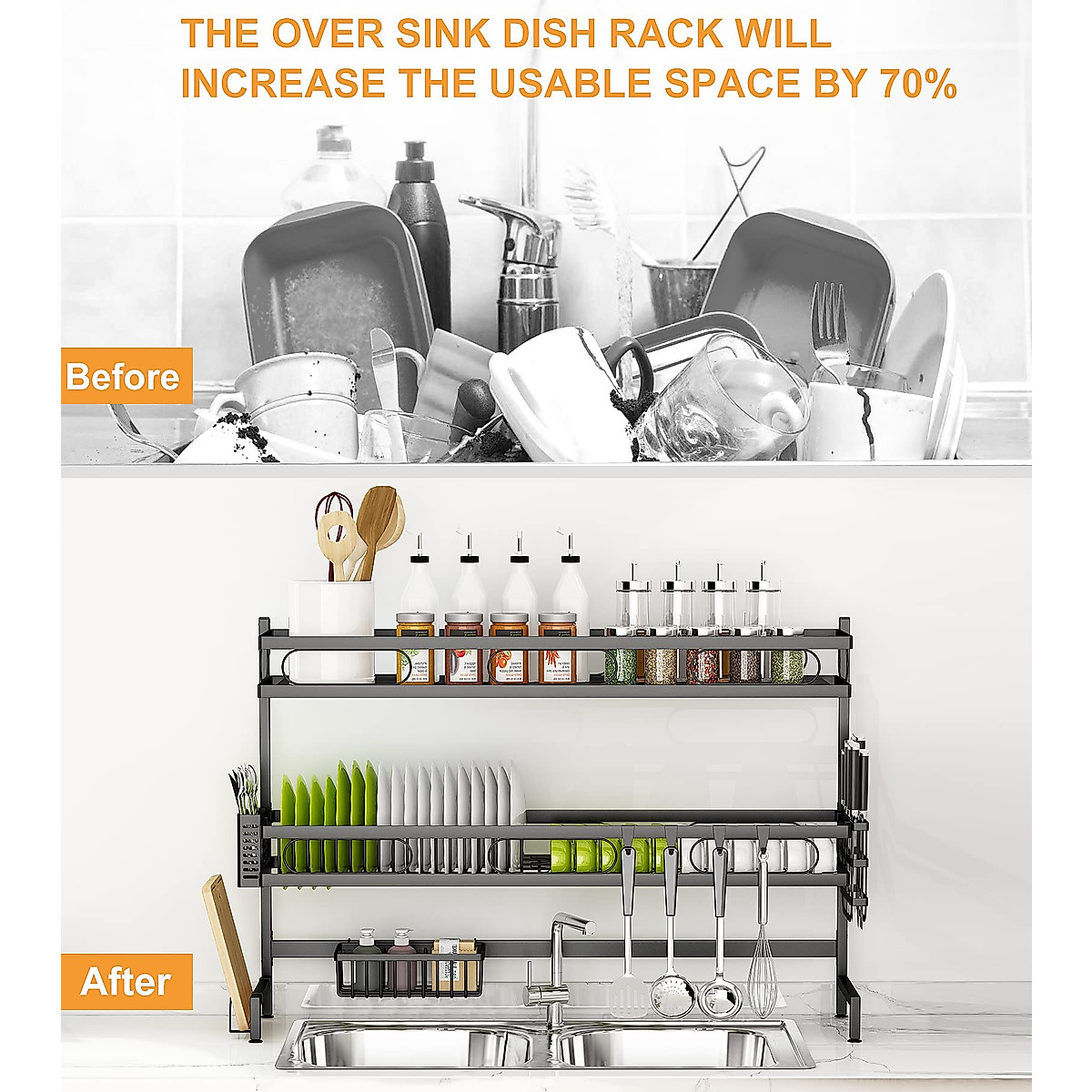 BeCeLe Dish Rack,3 Tier Dish Drying Drainer Rack,Ideal for Kitchen Organizer with One Over The Sink Drainer,Cutboard Stand,Utensils Holder,Gift for Housewarming,Christmas,Thanksgiving